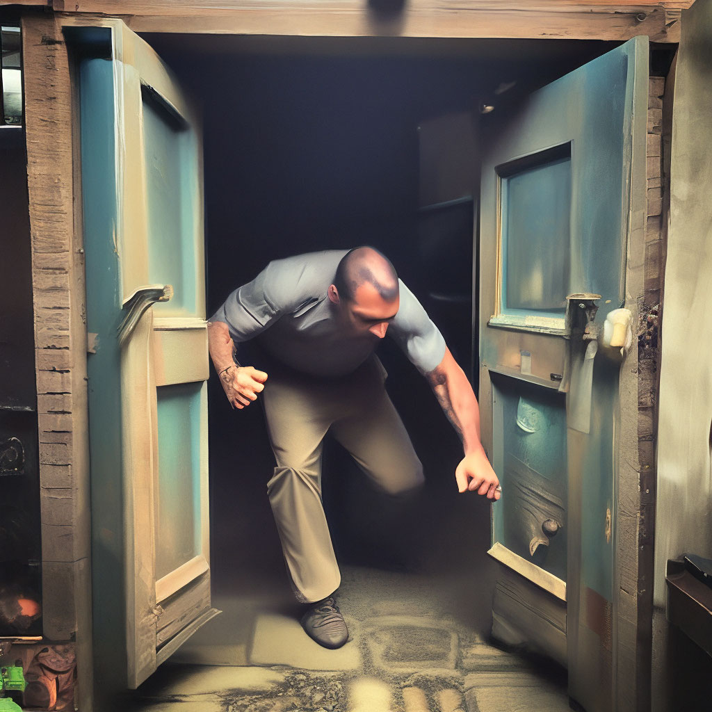 "He smashed through the door with his head" — image created in Shedevrum