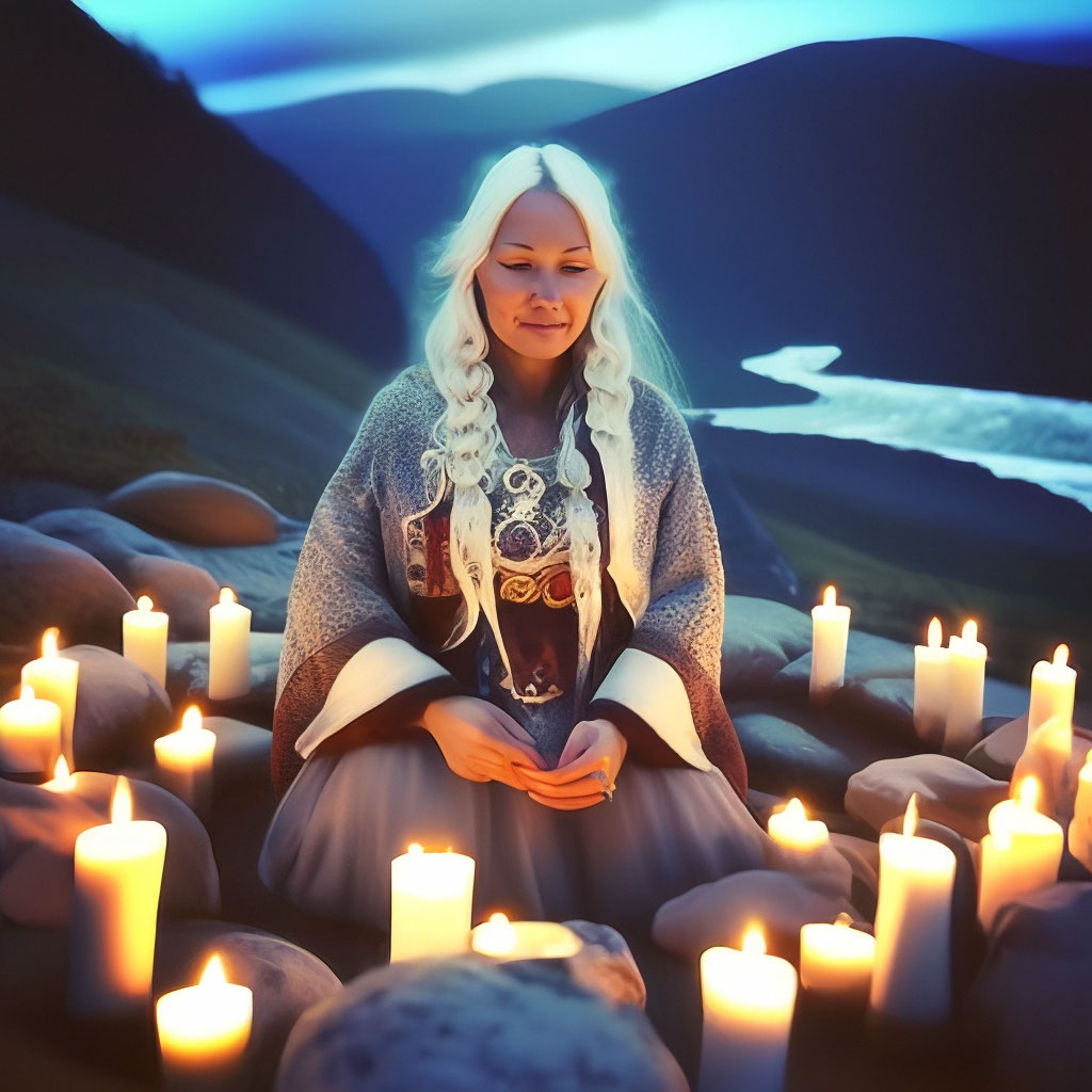 "Siberian shaman, woman, white hair, symmetrical eyes, highly detailed ...