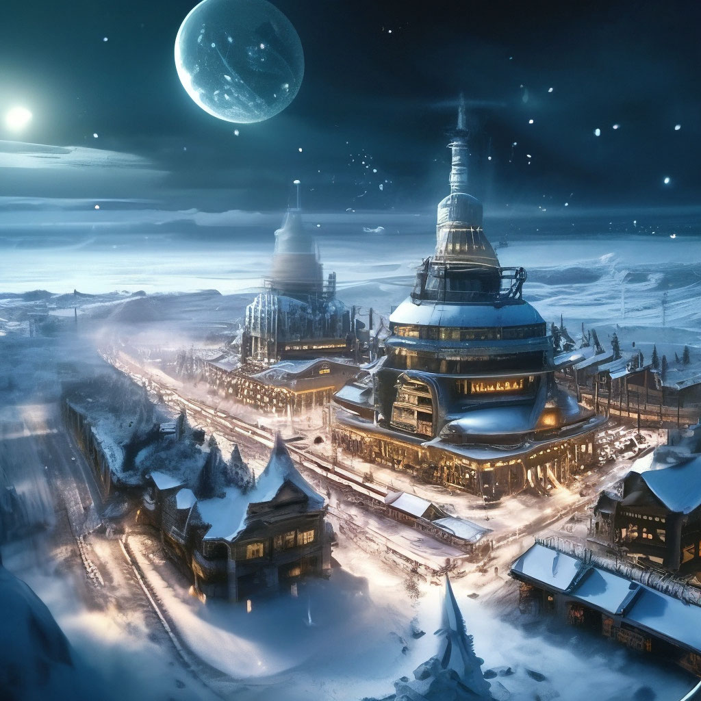 "Vorkuta city, permafrost, winter, blizzard, snowflakes, night, moon ...
