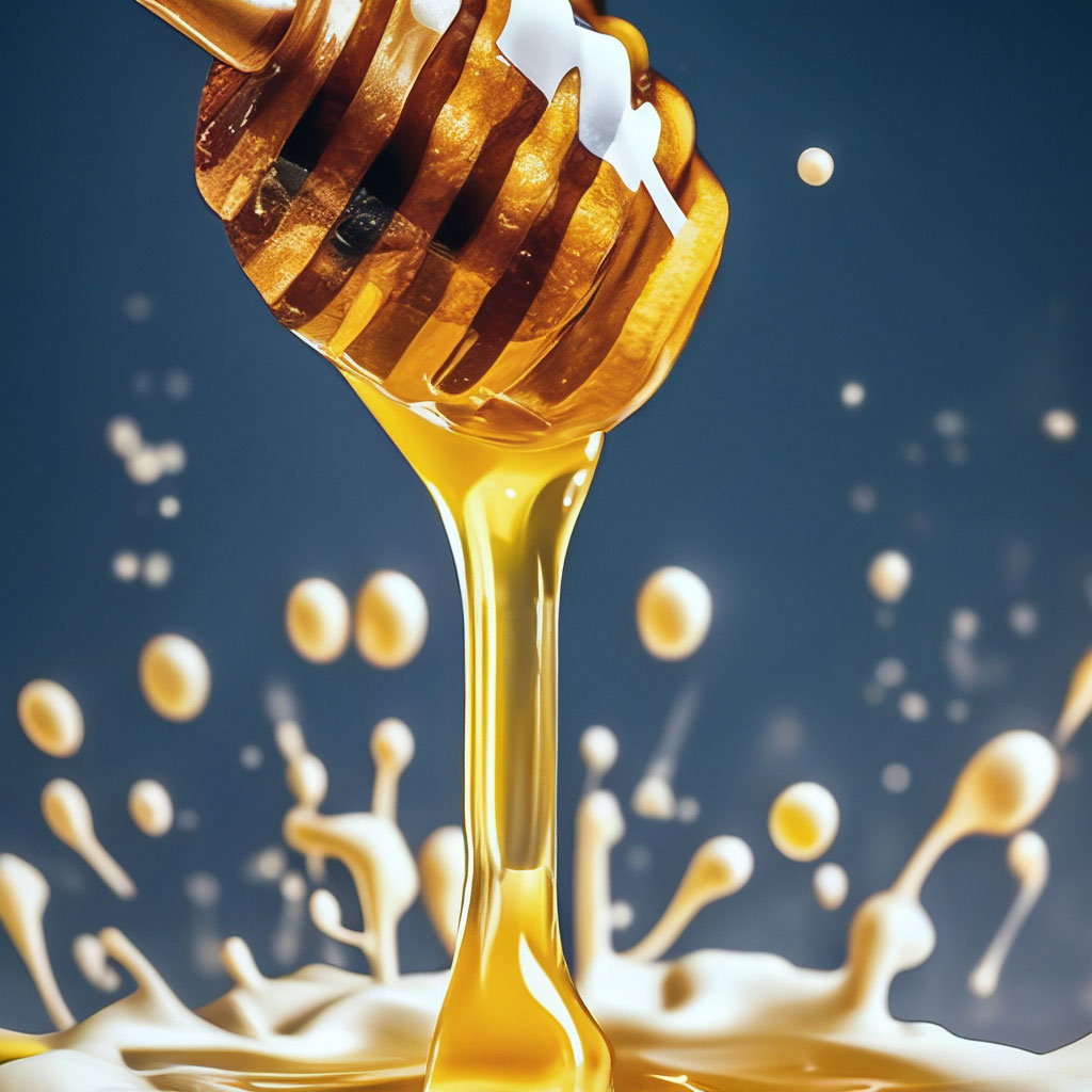 "A huge transparent drop of honey falls from the Honey Stick spindle ...