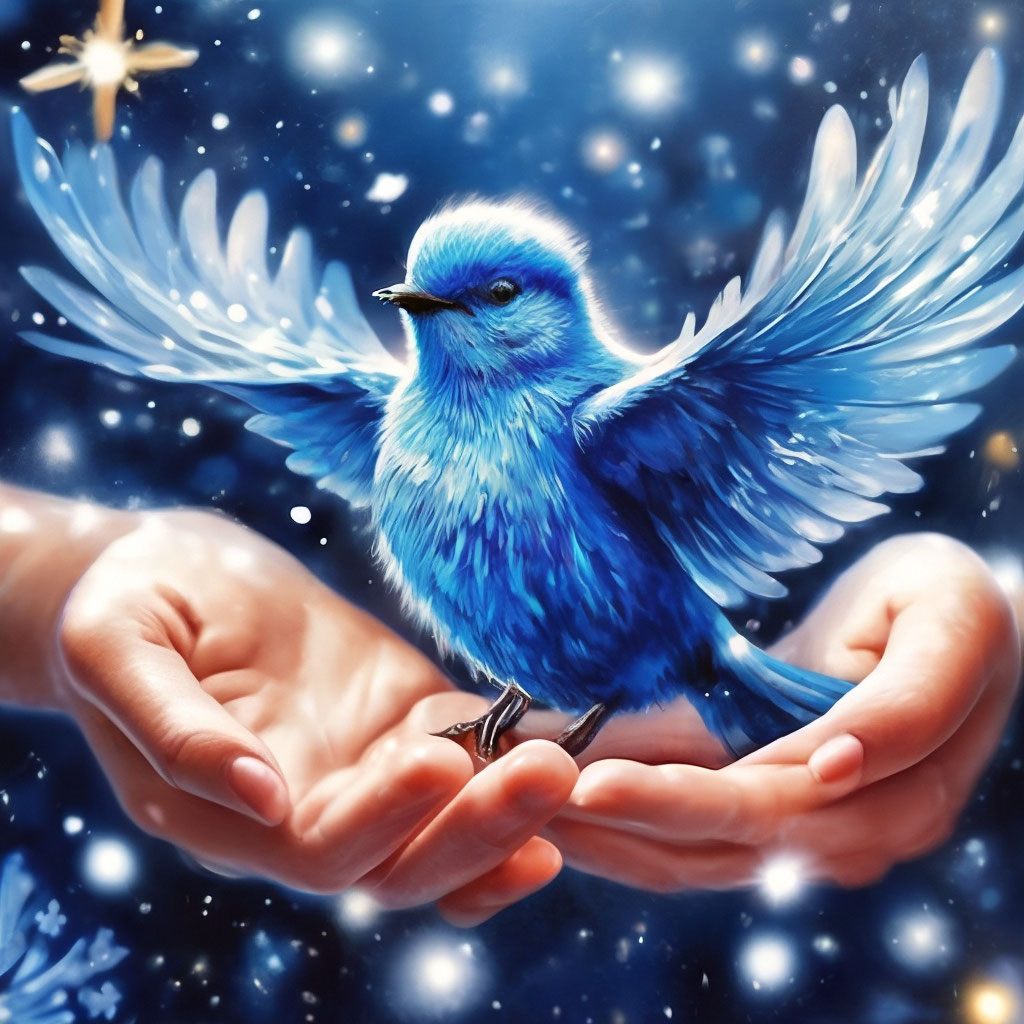 "Pass it on! the blue bird of luck, sits in the palms of his hands with ...