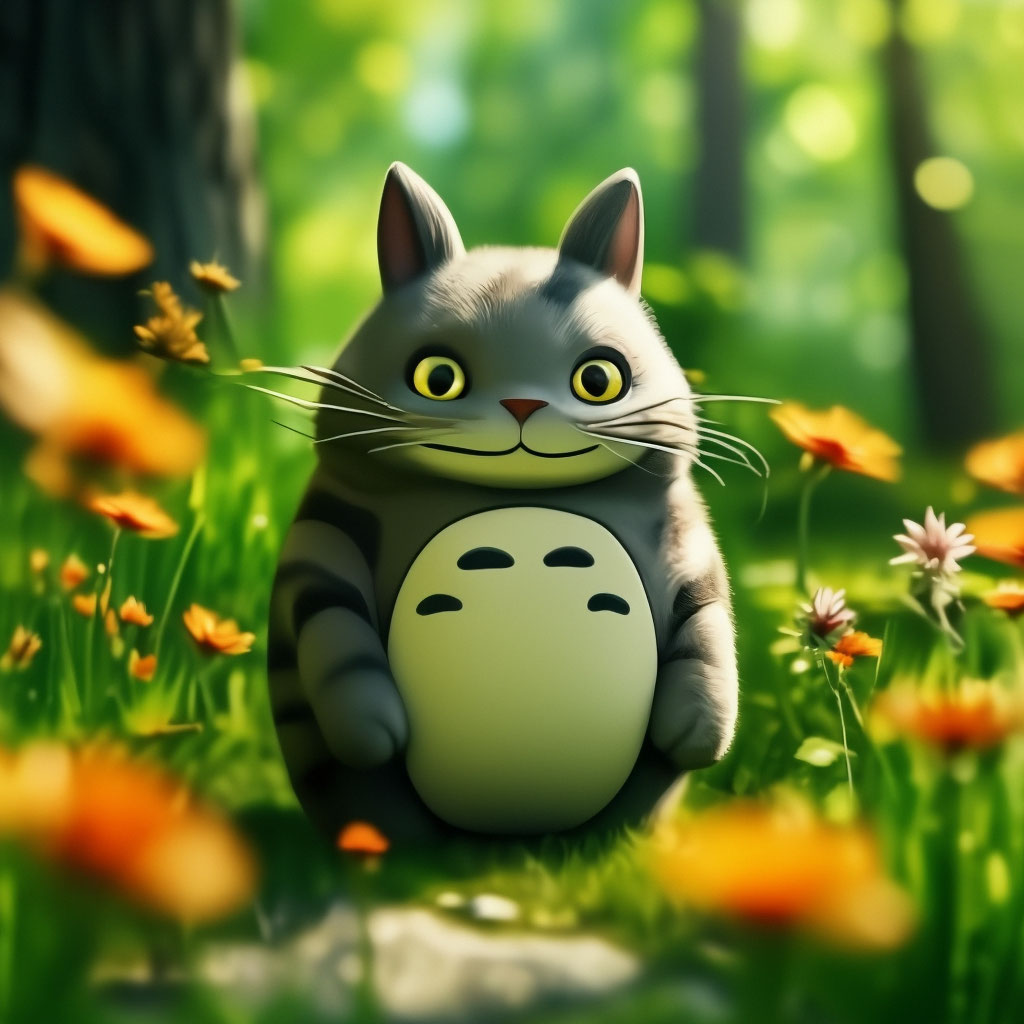 "Cute striped cat similar to Totoro, animated style, on a background of ...