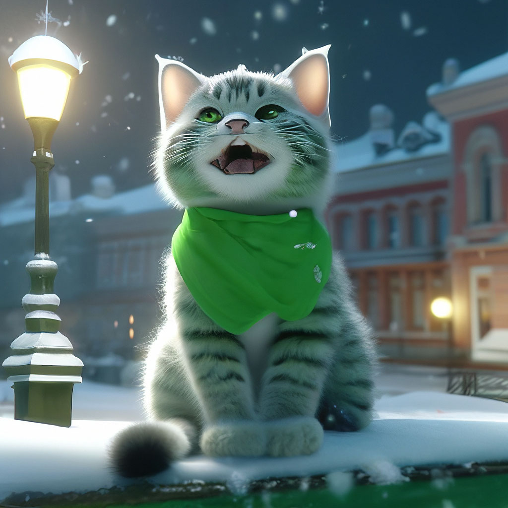 "My homeland is ST. PETERSBURG 🇷🇺 It's night, it's snowing. A green cat ...