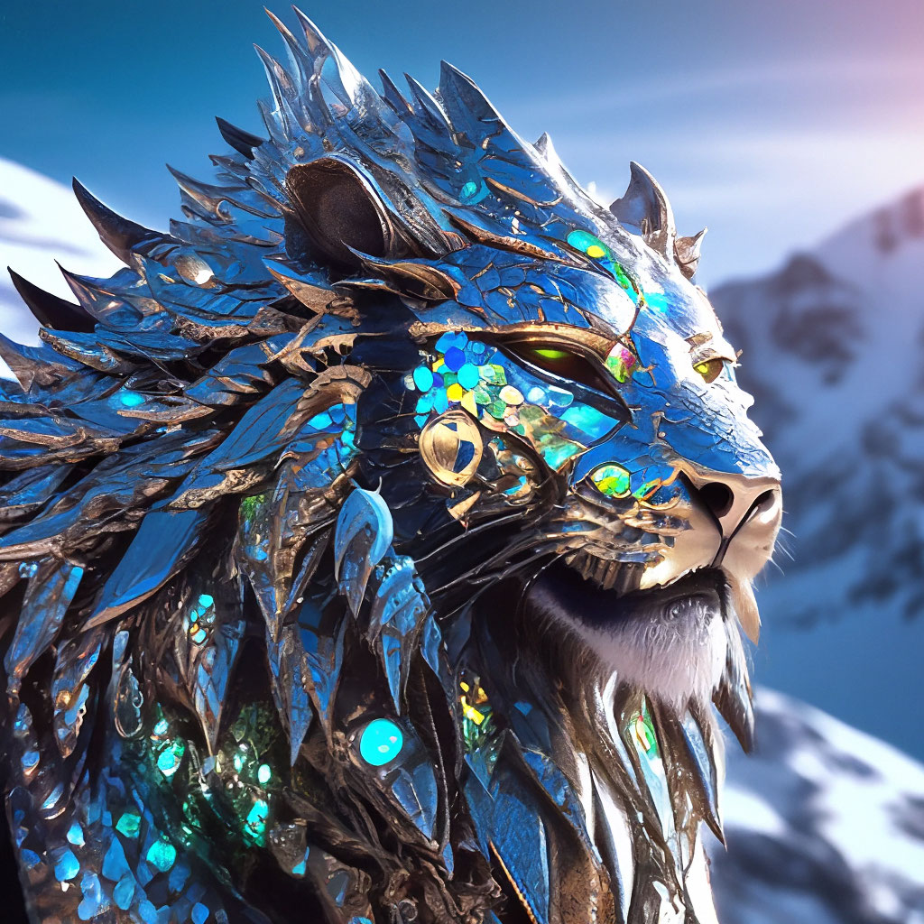 "Realistic mythical lion-dragon with long gorgeous fur and shiny black ...
