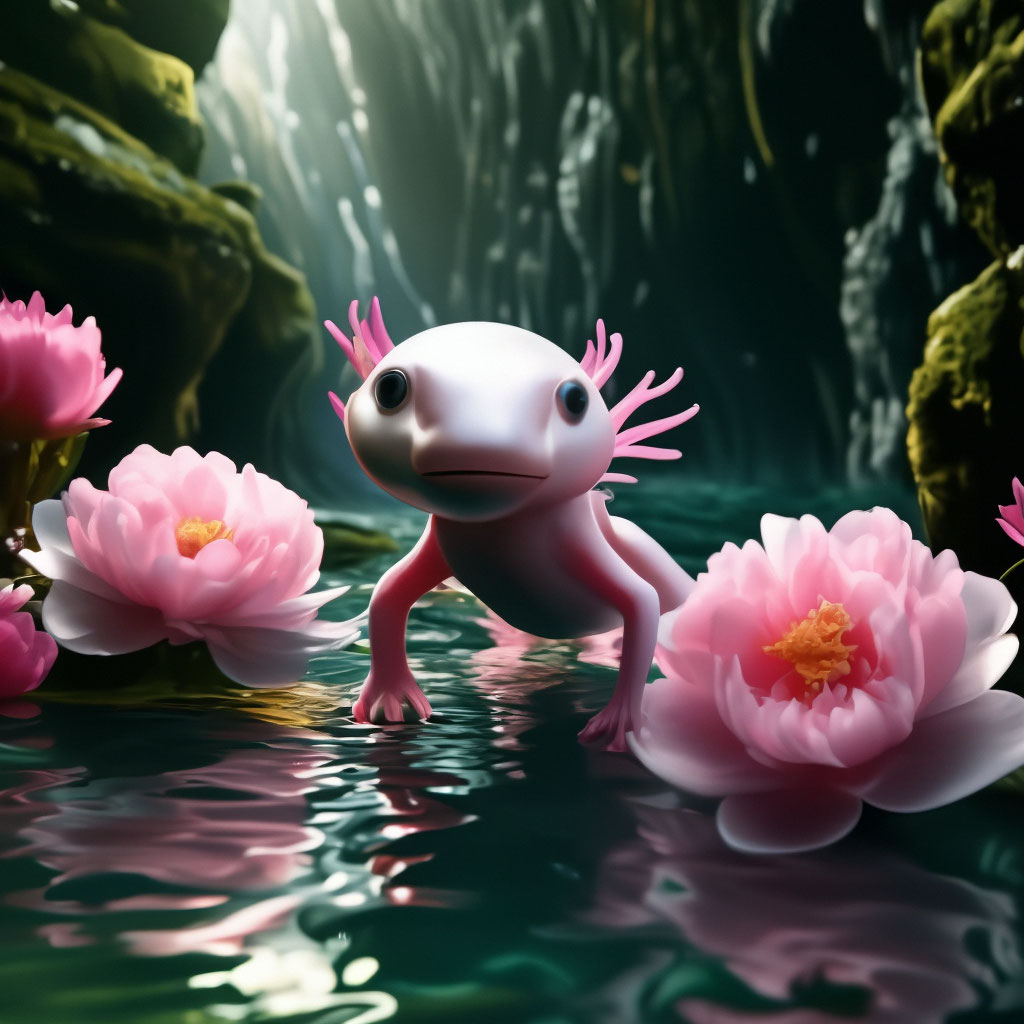 "Water cave with axolotl and peonies, 3d.16k.hdr10" — image created in ...