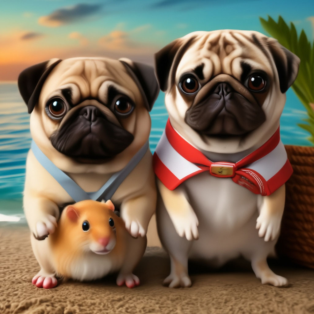 "Pug and hamster on vacation" — image created in Shedevrum
