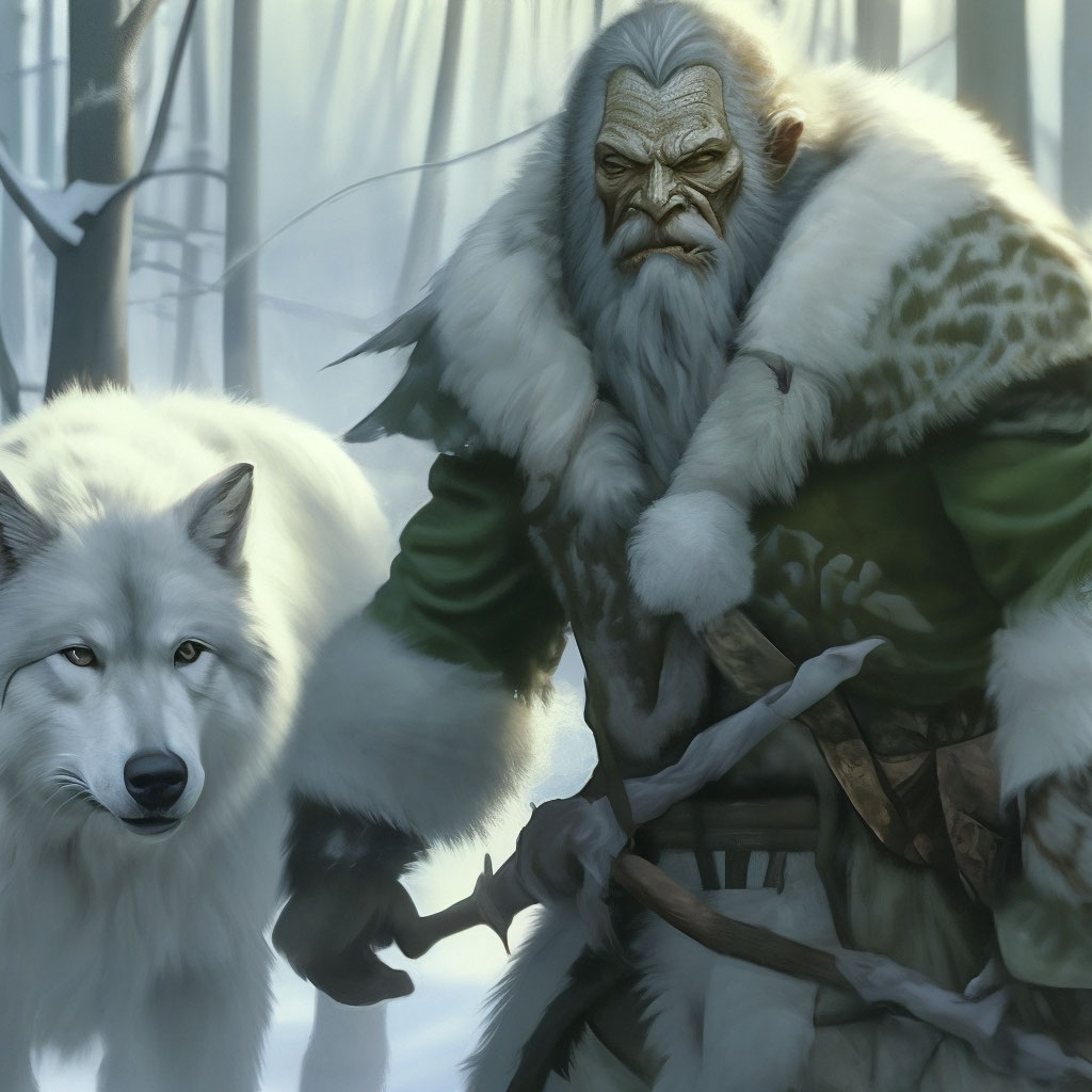 "Swamp orc in winter through the forest with a white wolf in the ...