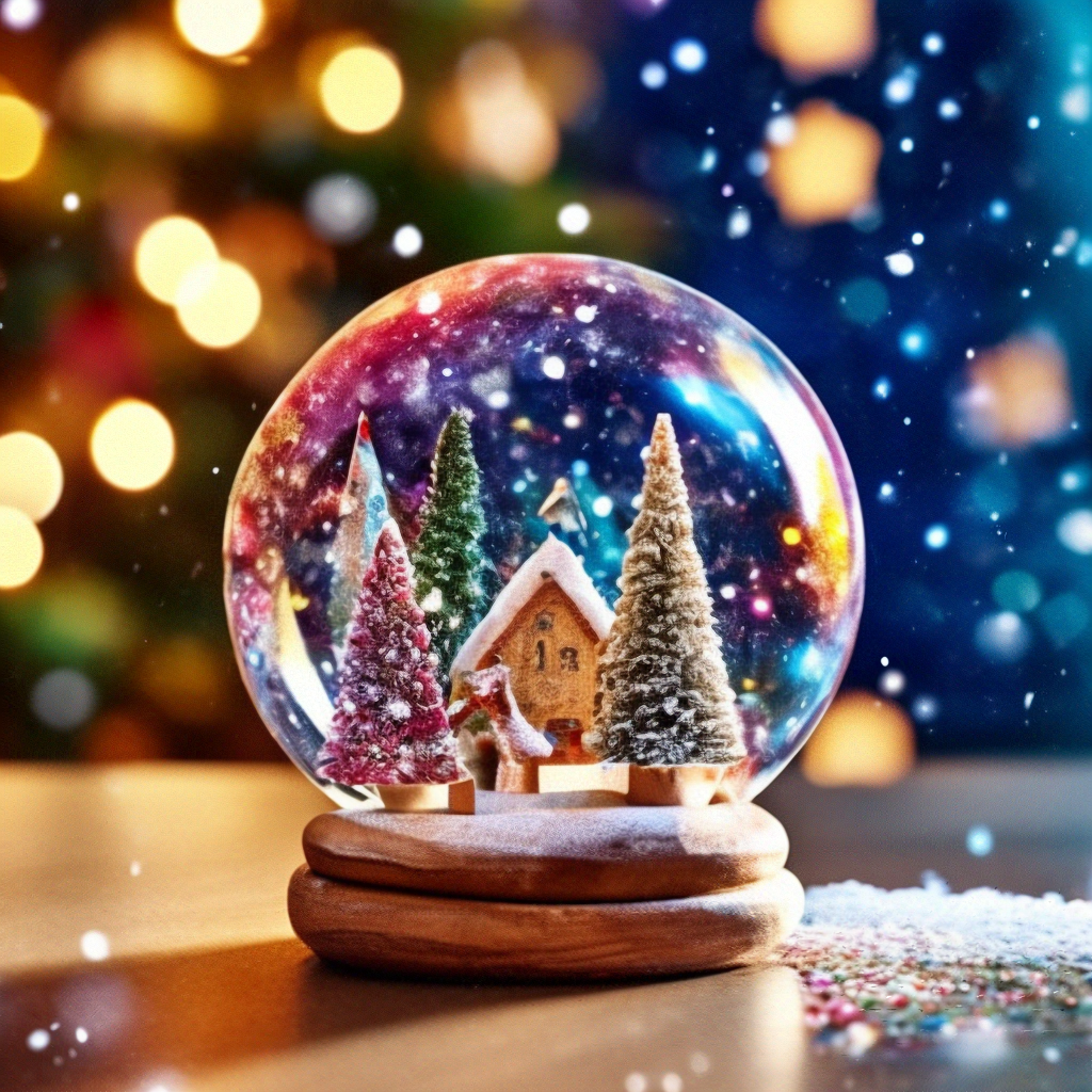 "A glass ball with a Christmas scene inside. Space, galaxies, stars ...