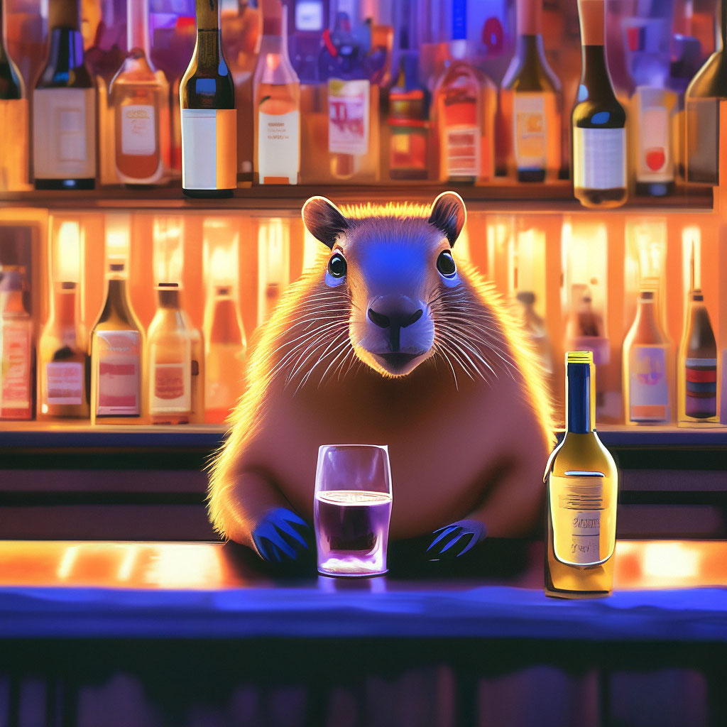 "Capybara in the bar with a glass of wine" — image created in Shedevrum