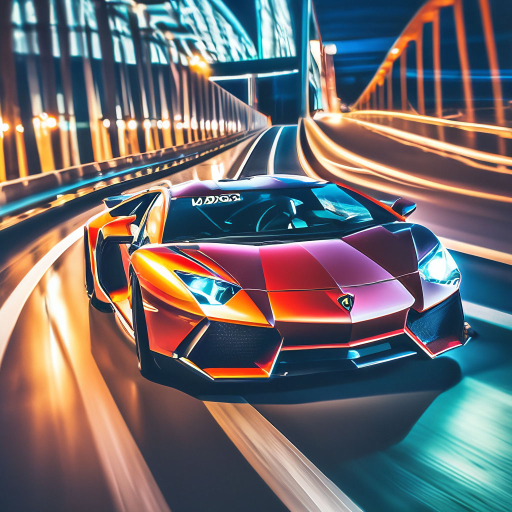"Beautiful Lamborghini driving on the night bridge., high detail ...
