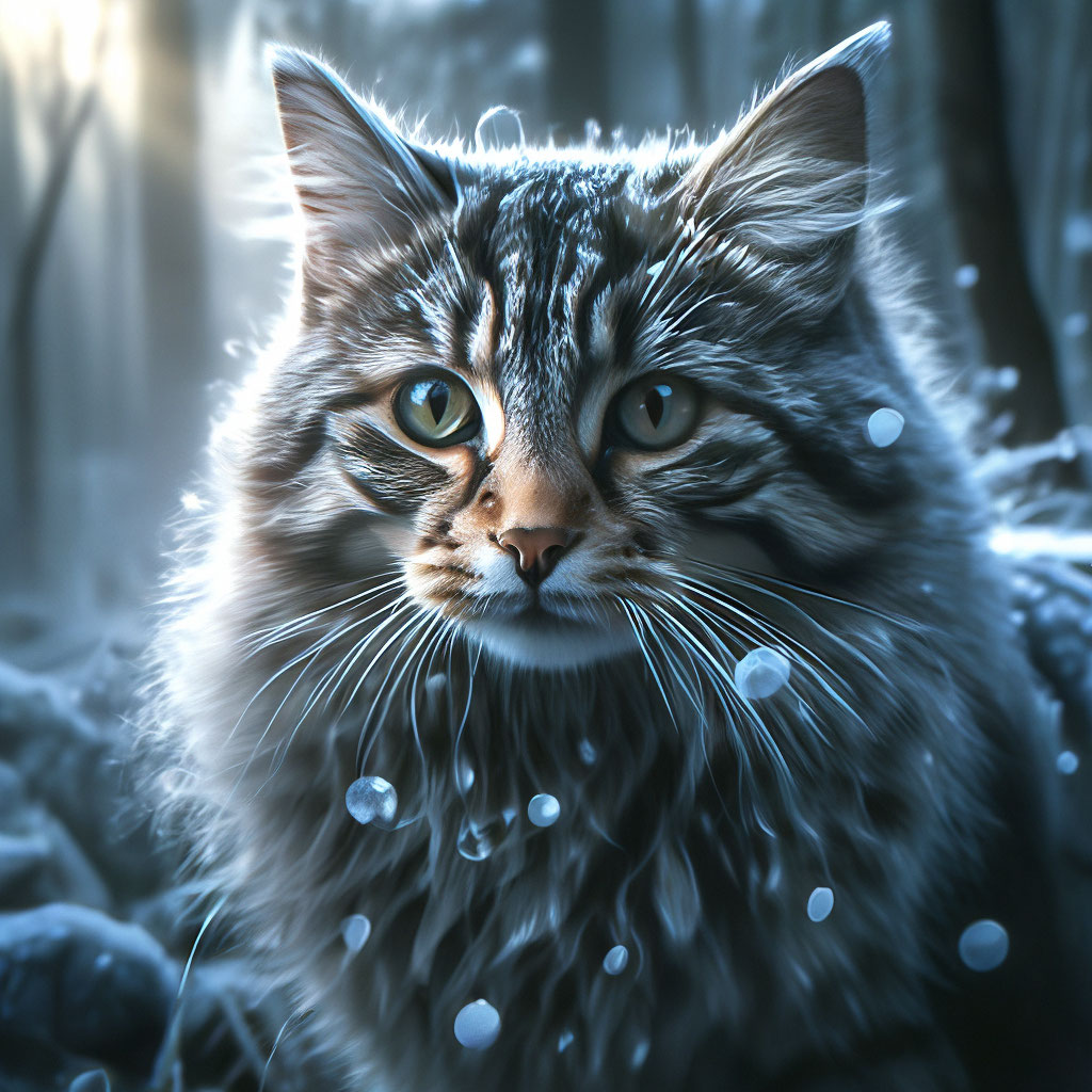 "Hyperrealism, forest cat, consists of, clouds, steam, smoke, glow ...