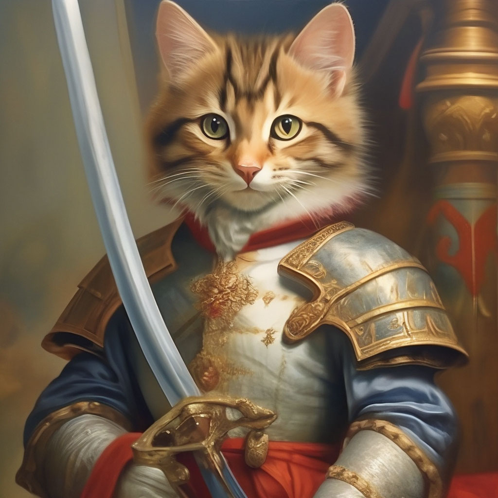 "Cat swordsman style 18th century" — image created in Shedevrum