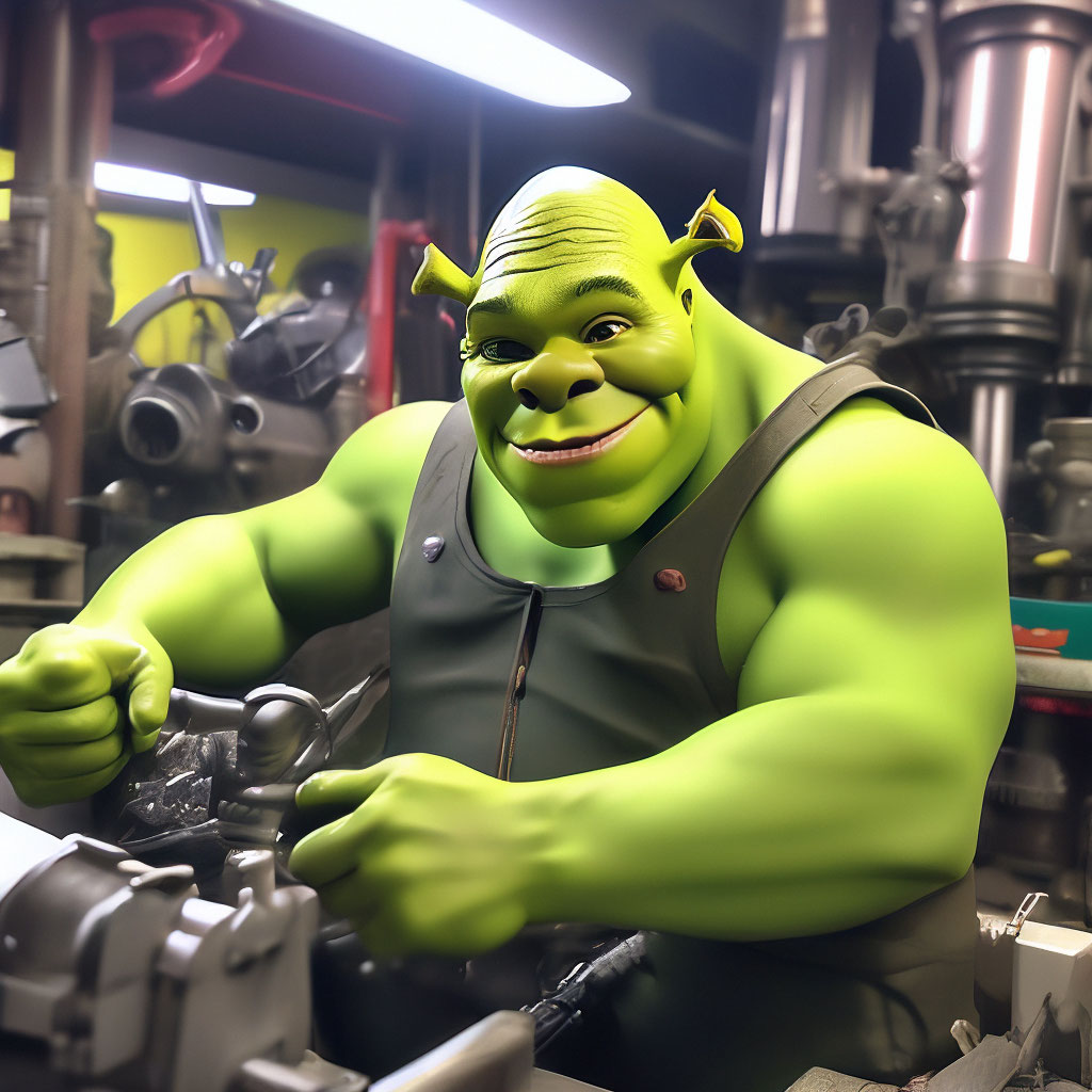 "Mega cool powerful Shrek became a machinist" — image created in Shedevrum