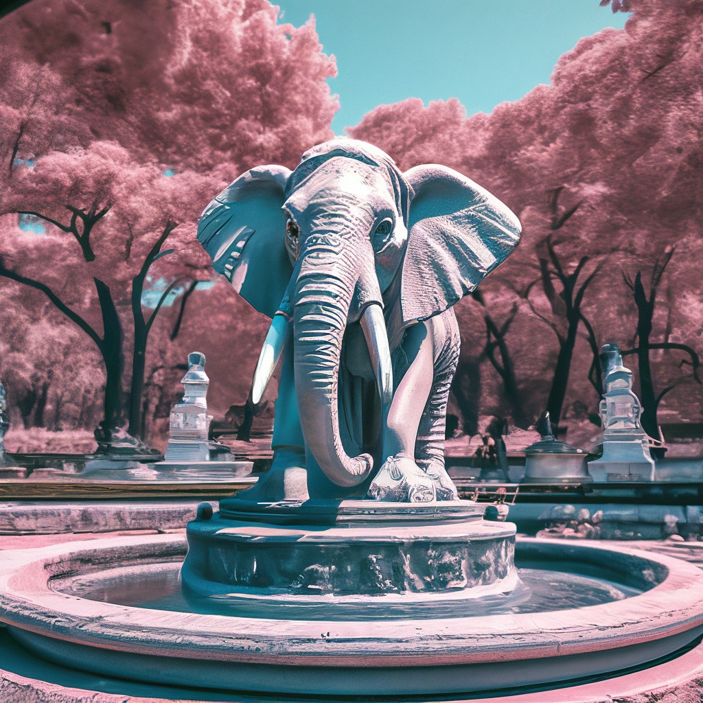 "Stone fountain in the form of an elephant, trunk raised high up and a ...
