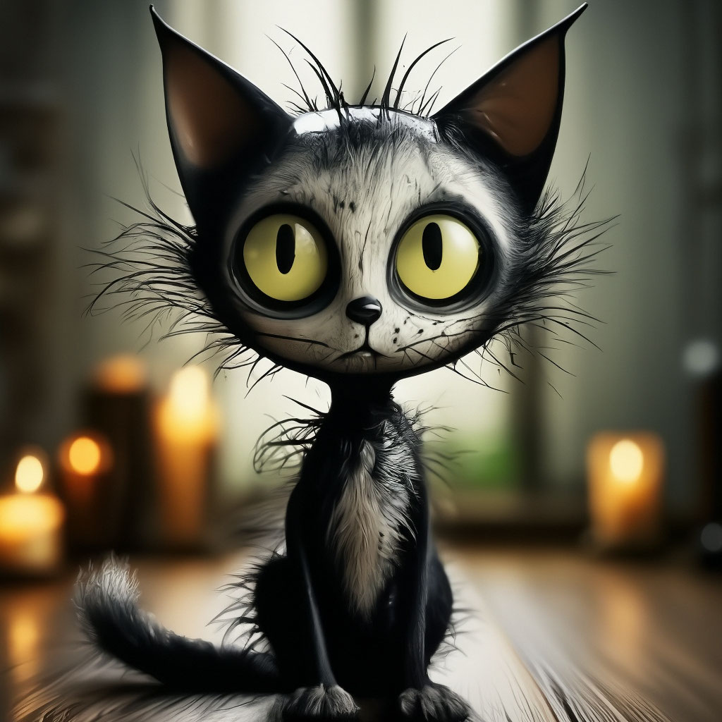 "A cat in the style of Tim Burton" — image created in Shedevrum