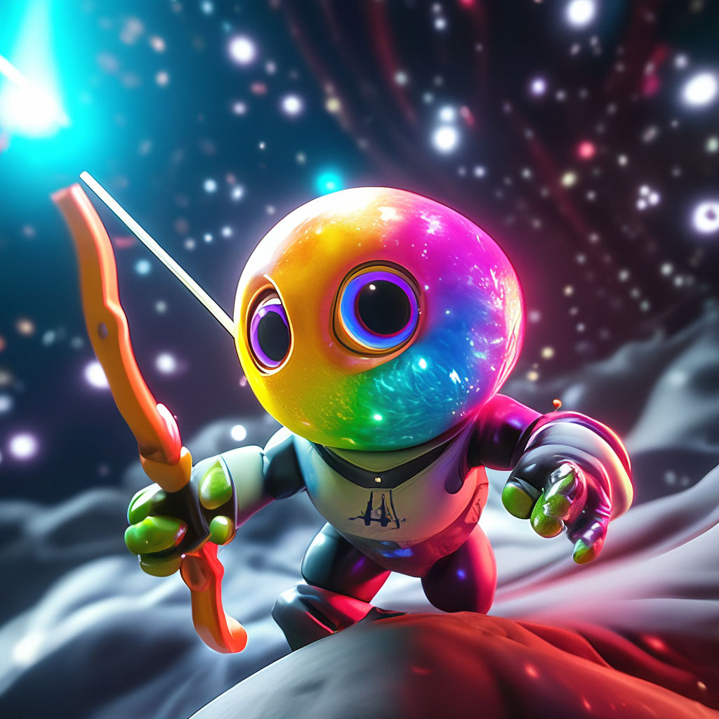 "Live multicolored space blob with eyes, turned into an archer, lots of ...