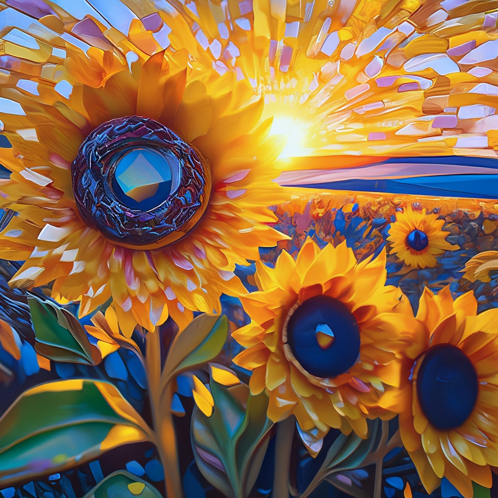 "Sunrise, sun, field with sunflowers made of precious stones, art ...