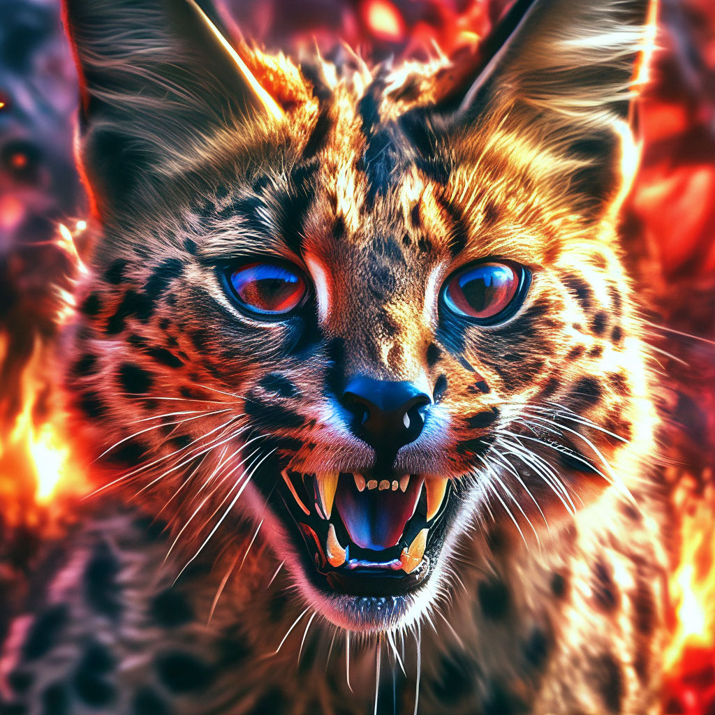 "Hyper realistic beautiful fiery, consisting of fire serval, beast grin ...