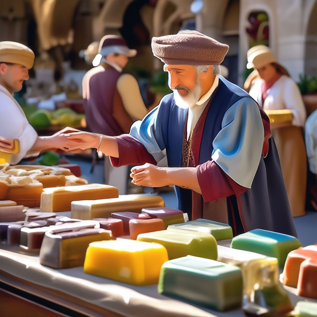 "A medieval French soap merchant (55-60 years old, well-off, well ...