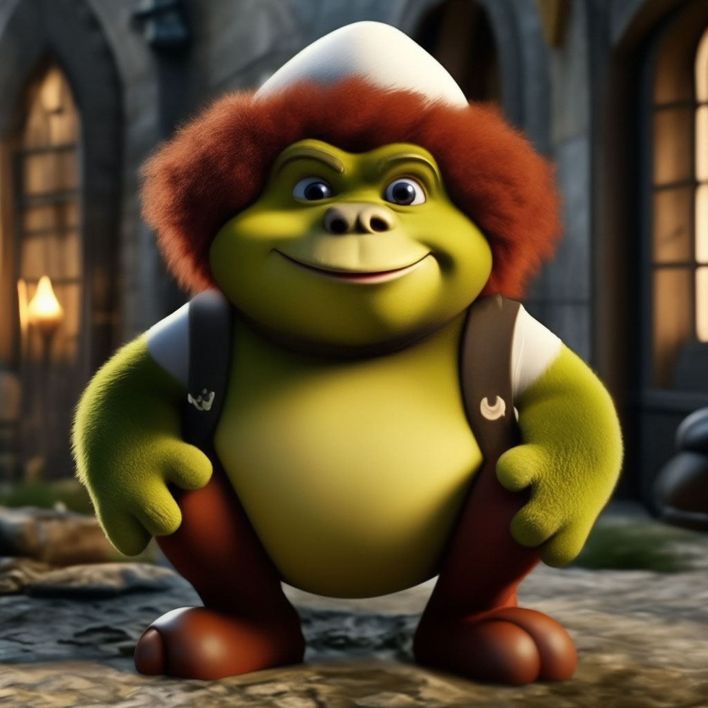 "Fat frog smurf-shrek-cheburashka" — image created in Shedevrum