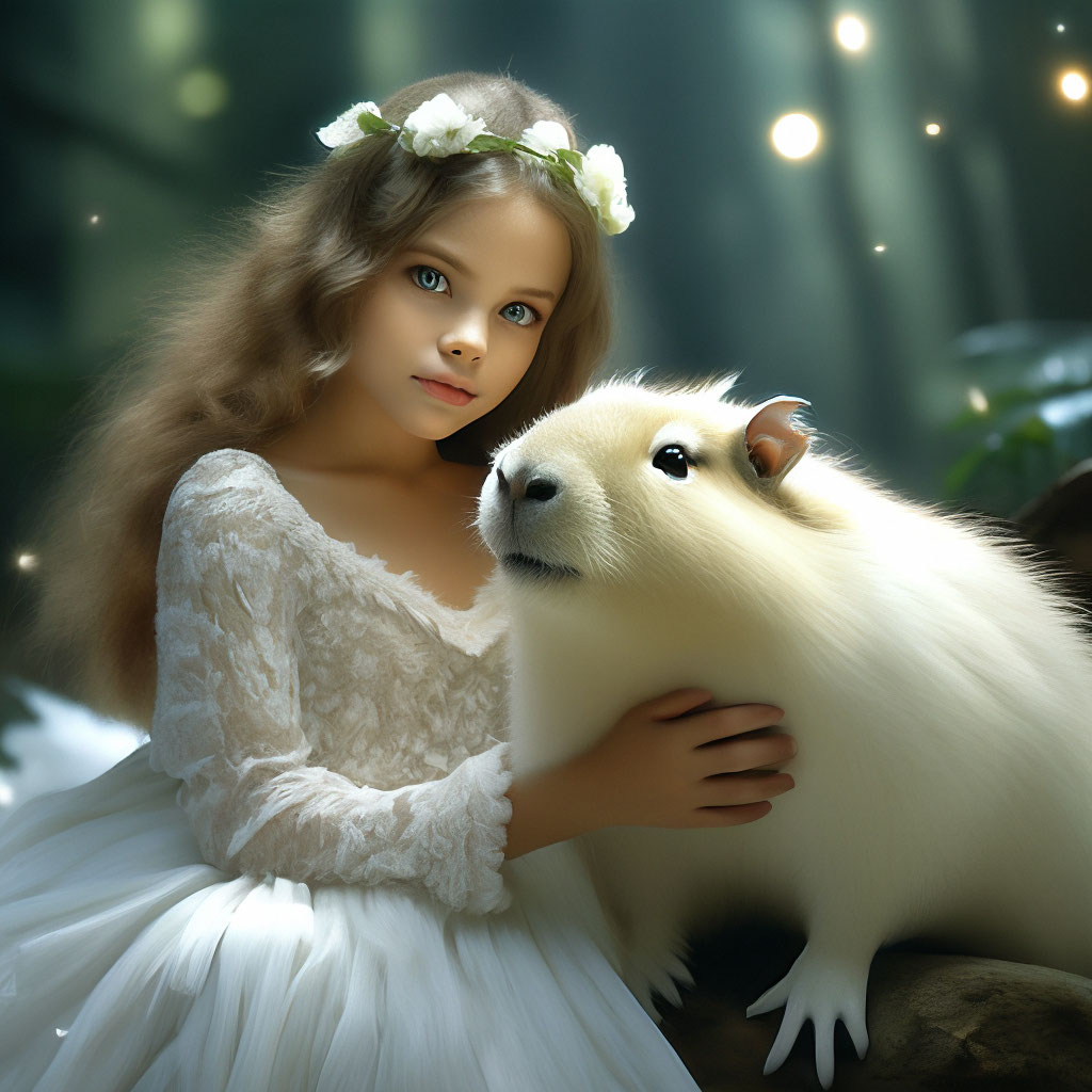 "Capybara, hyperrealism, spectacular, fashionable, next to a beautiful ...