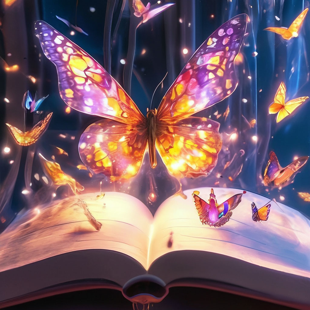 "A close-up of a book is opened, colorful shiny butterflies fly up from ...