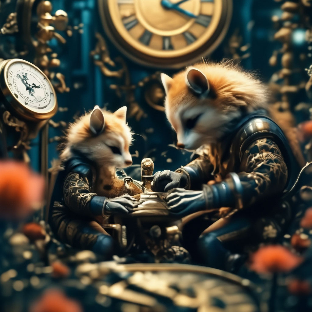 "Little furry creatures watchmakers repair huge clocks, funny ...