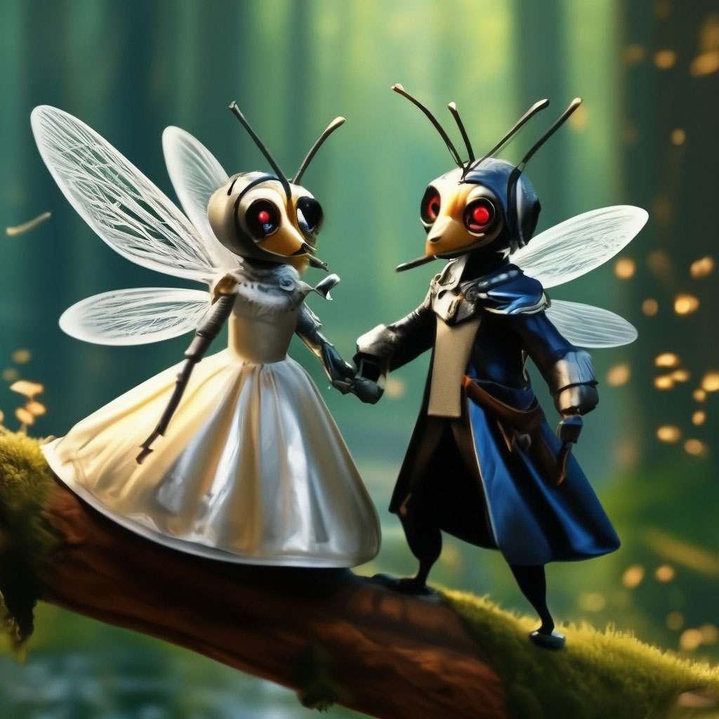"Anthropomorphic fly in beautiful a shiny dress and a mosquito in a ...