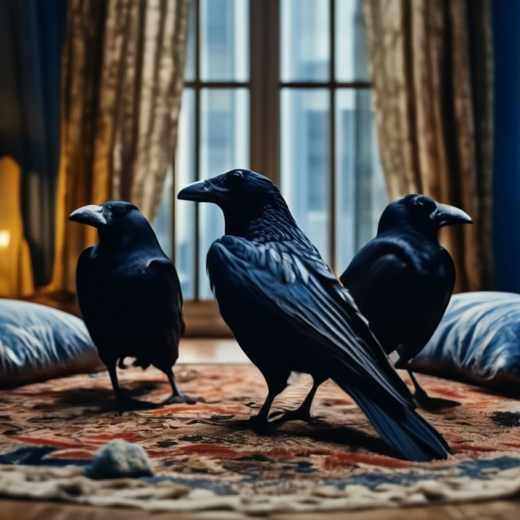 "Three crows in the background of the window close-up, night, moon ...