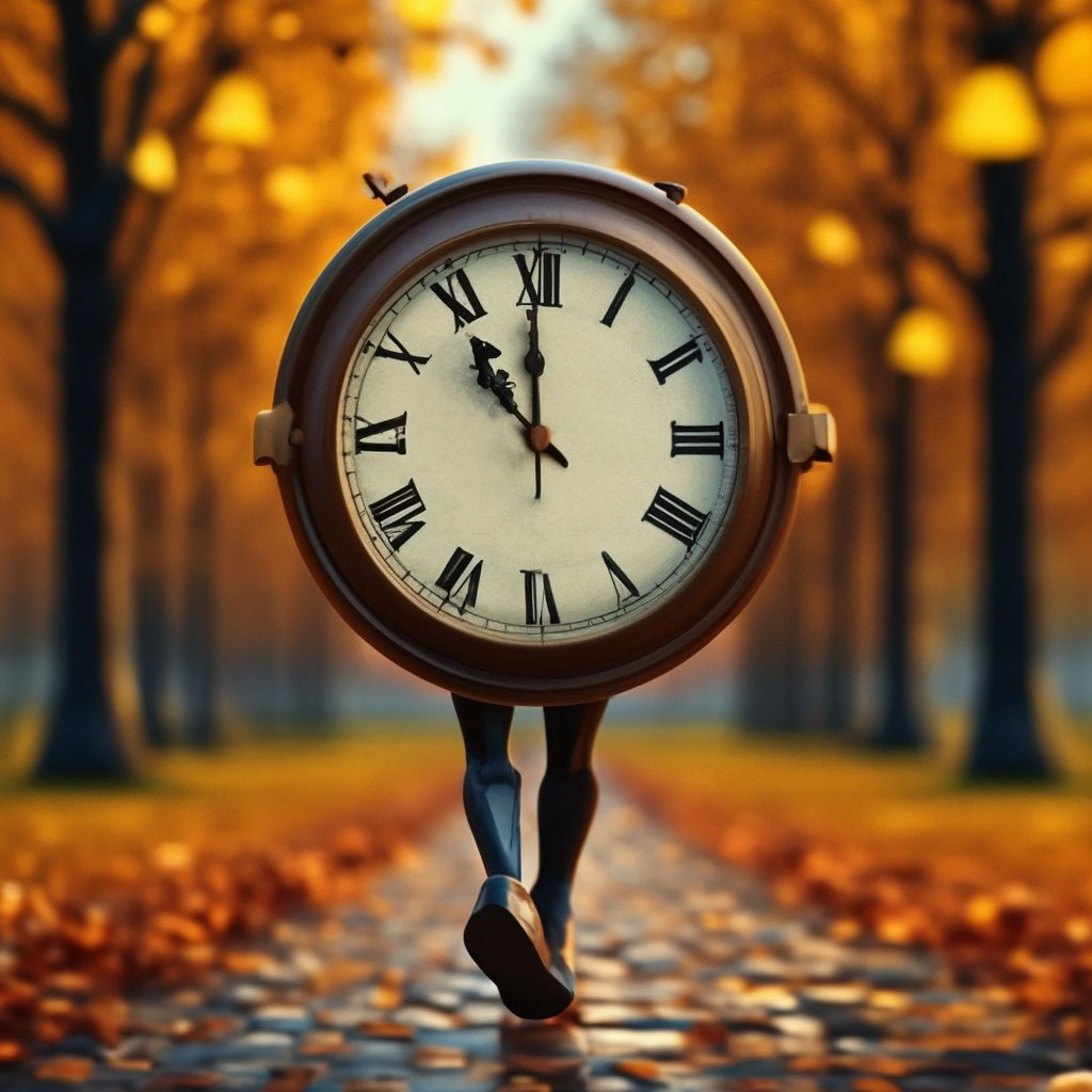 "Time is ticking Wall clock with legs walking in the autumn park ...