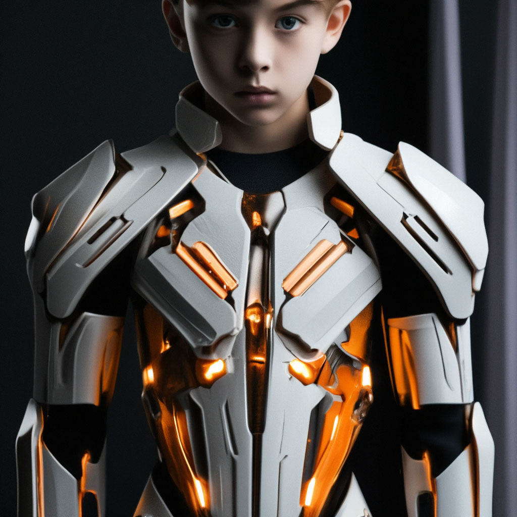 "White-orange cyborg boy on a black background of a black curtain ...