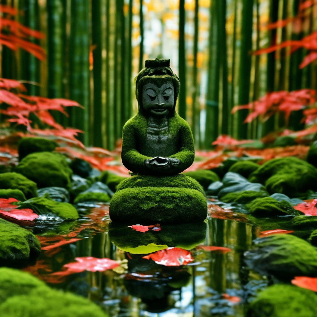 "Pond,japanese pagan idol in moss in a bamboo grove,red maple, dark ...