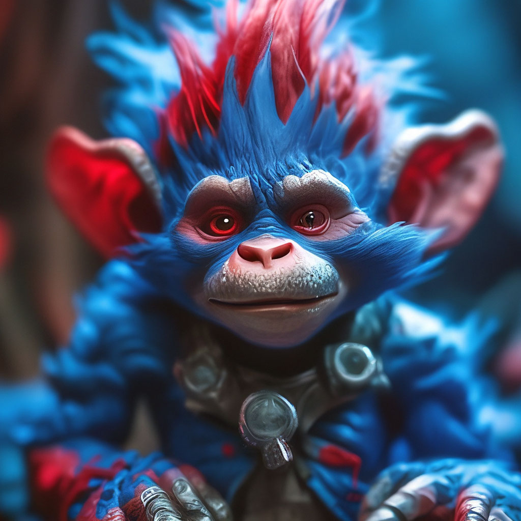 "Anthropomorphic cute monkey troll, a lot of different blue and red ...