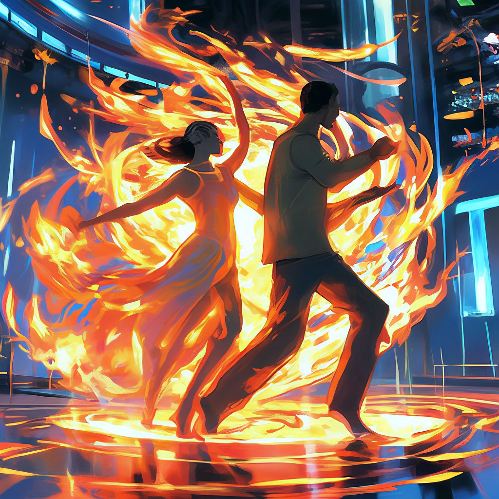 "Fire and water are spinning in a dance" — image created in Shedevrum