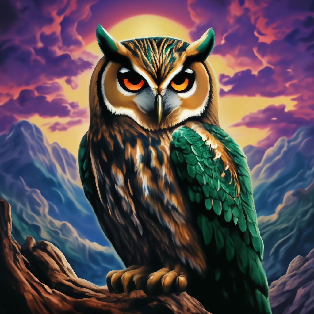 "An emerald owl in a purple sky" — image created in Shedevrum