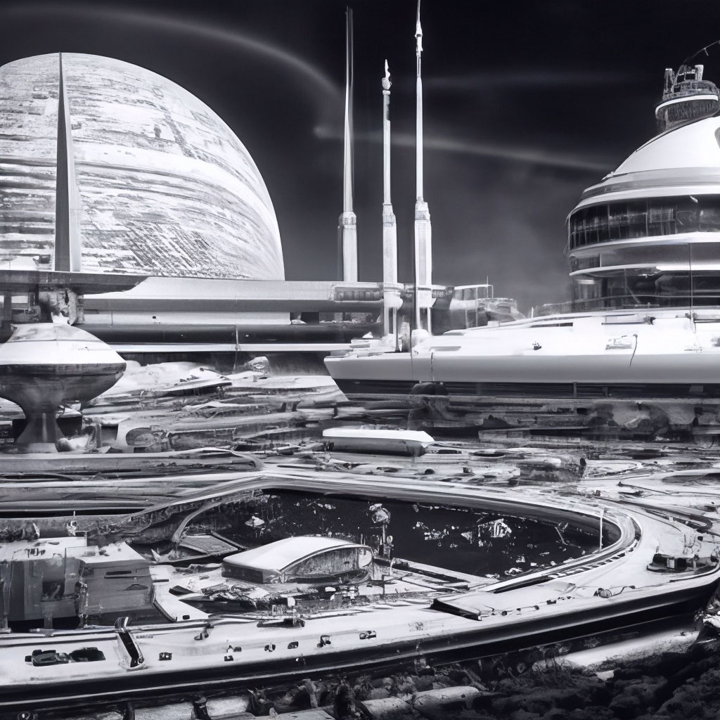 "An engraving of a large spaceport from the orbit of the planet ...