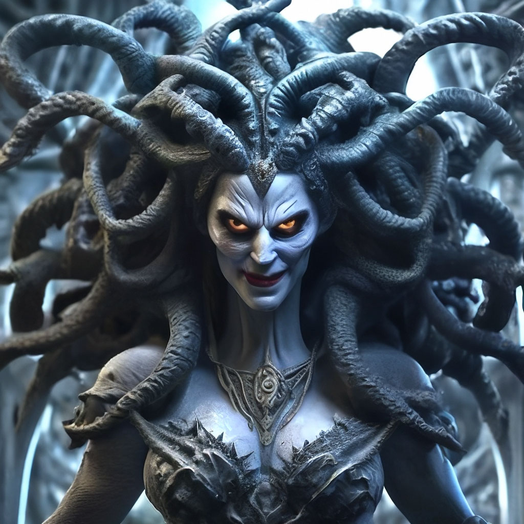 "Ferocious vampire demon Medusa with the chimera of three of the ...