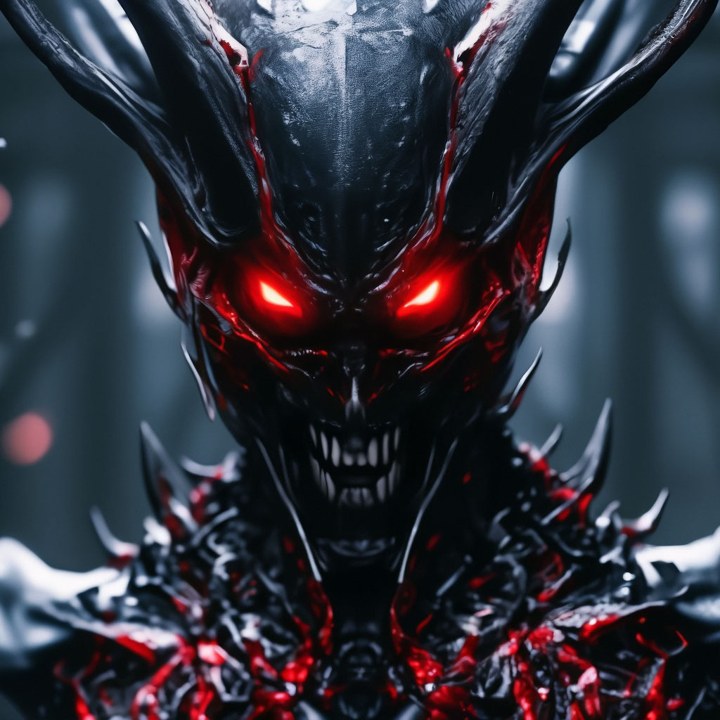 "Anthropomorphic demon, symbiosis, gloomy, scarlet eyes, horror, tin ...