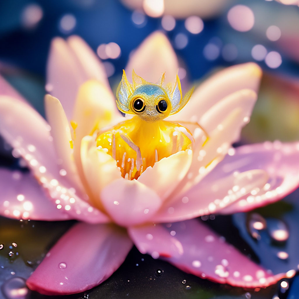 "Baby nymph,yellow eyes, big eyelashes, pink hair,sitting on a water ...
