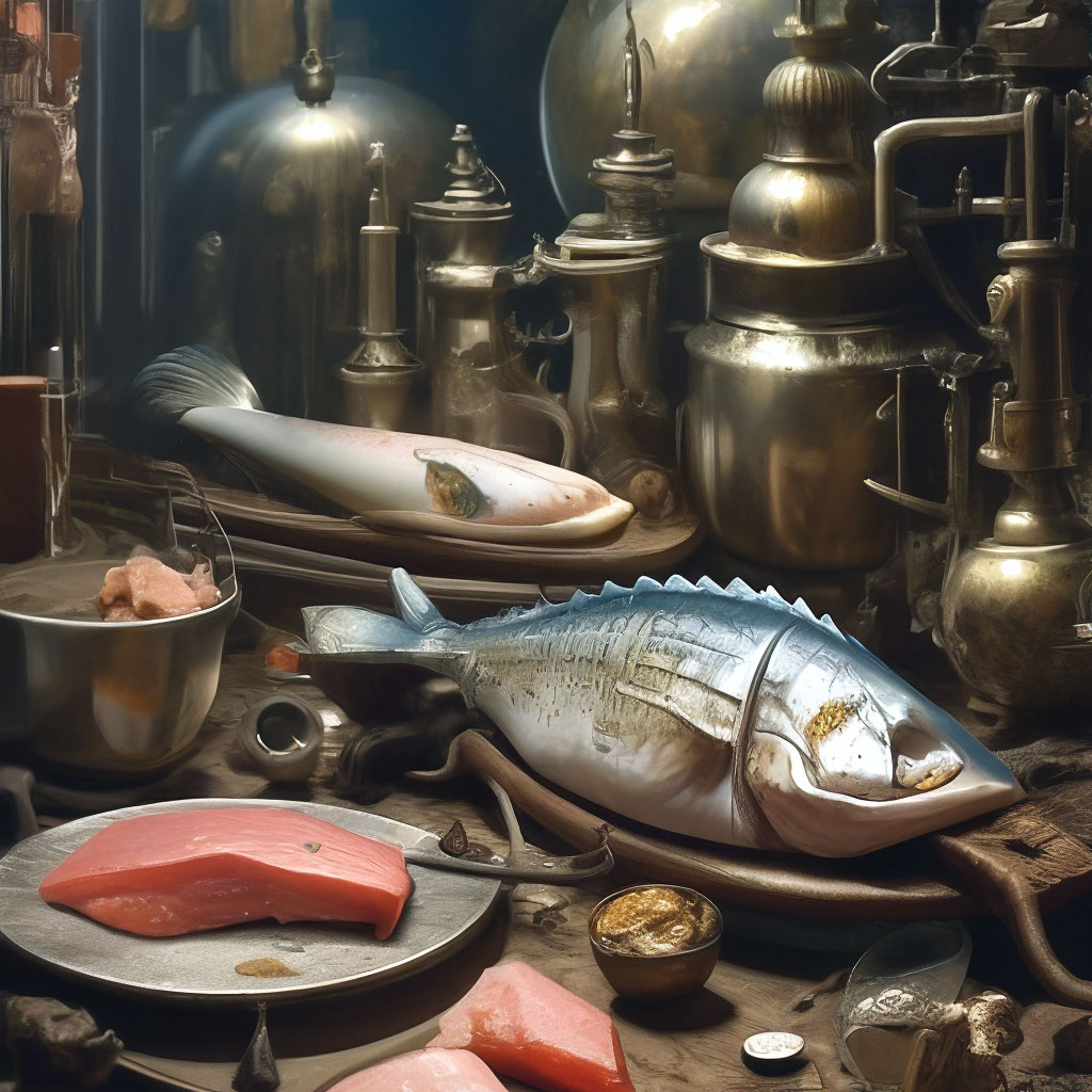 "Neither fish nor meat still life , steampunk" — image created in Shedevrum