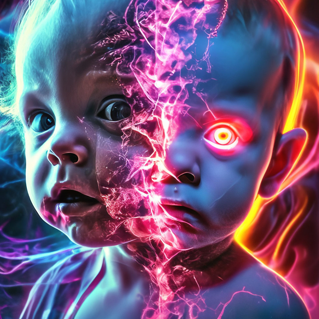 "K Split face demon and child , fractal explosion neon smoke, 5D ...
