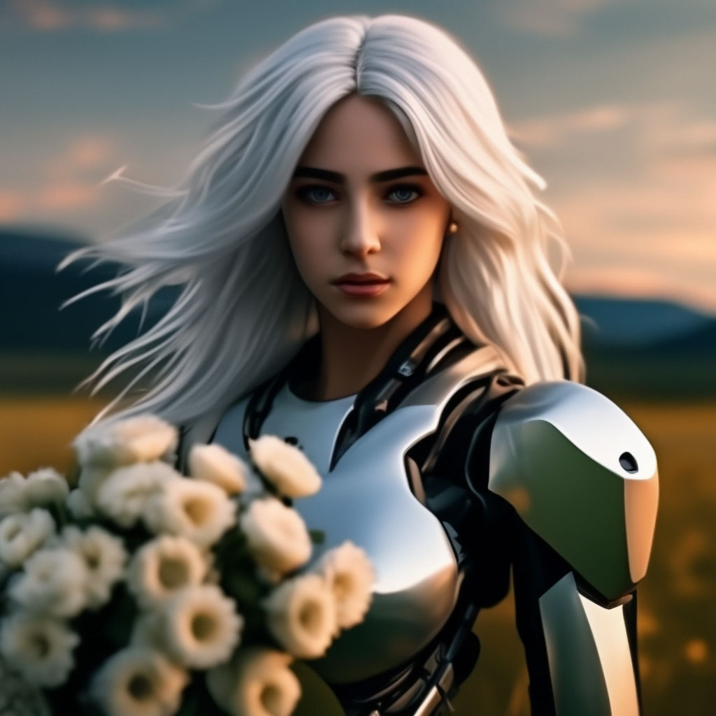 "Robo-girl, anime-style, stands in a field with a bouquet of flowers ...