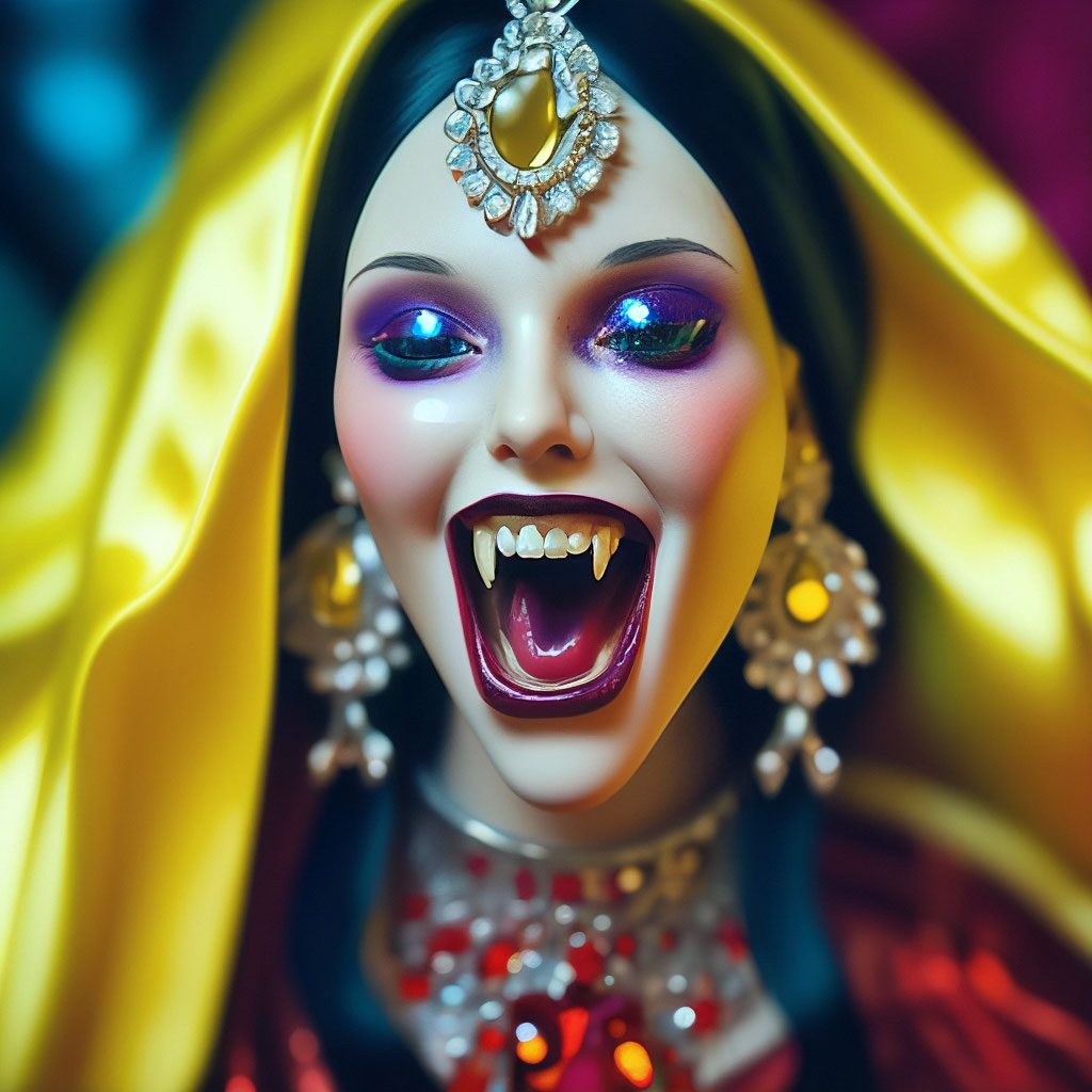 "Vampire teeth, red eyes, yellow cloak, shiny body, plump lips ...