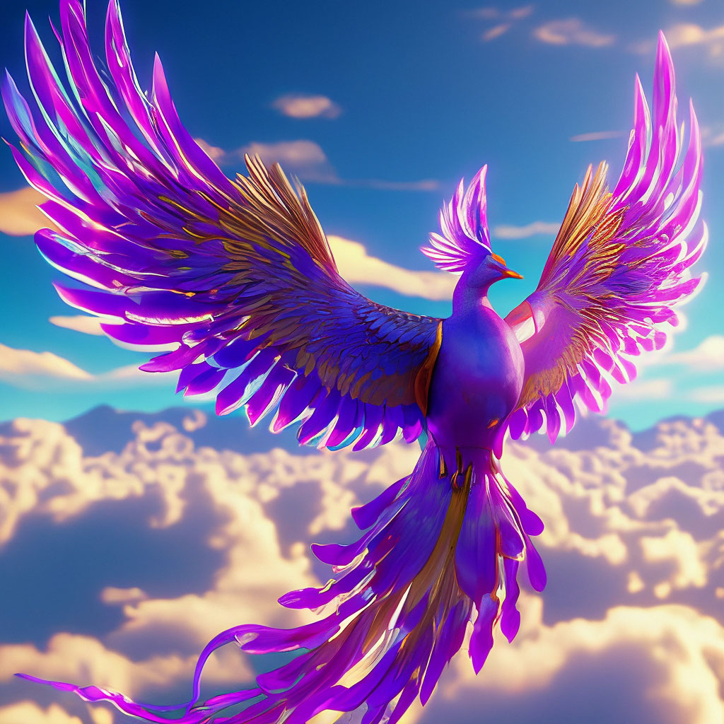 "A beautiful purple phoenix bird, flying in the sky among fluffy clouds ...
