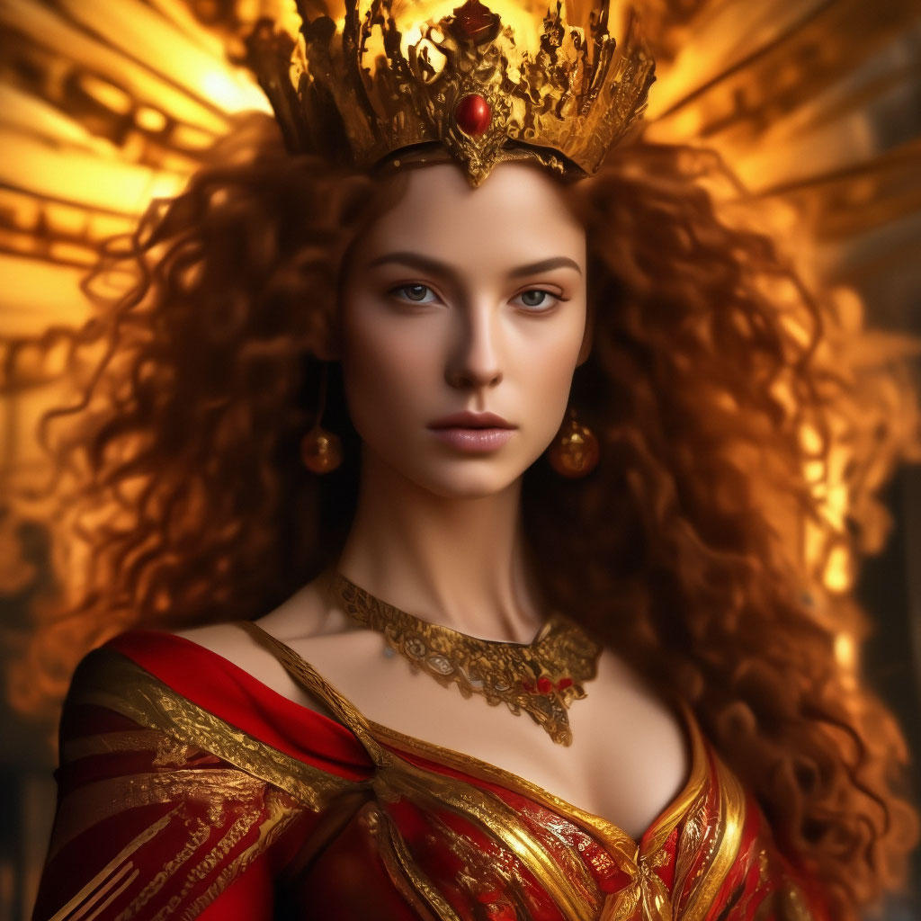 "The Queen of the sun in a fiery red and gold dress detailing the face ...