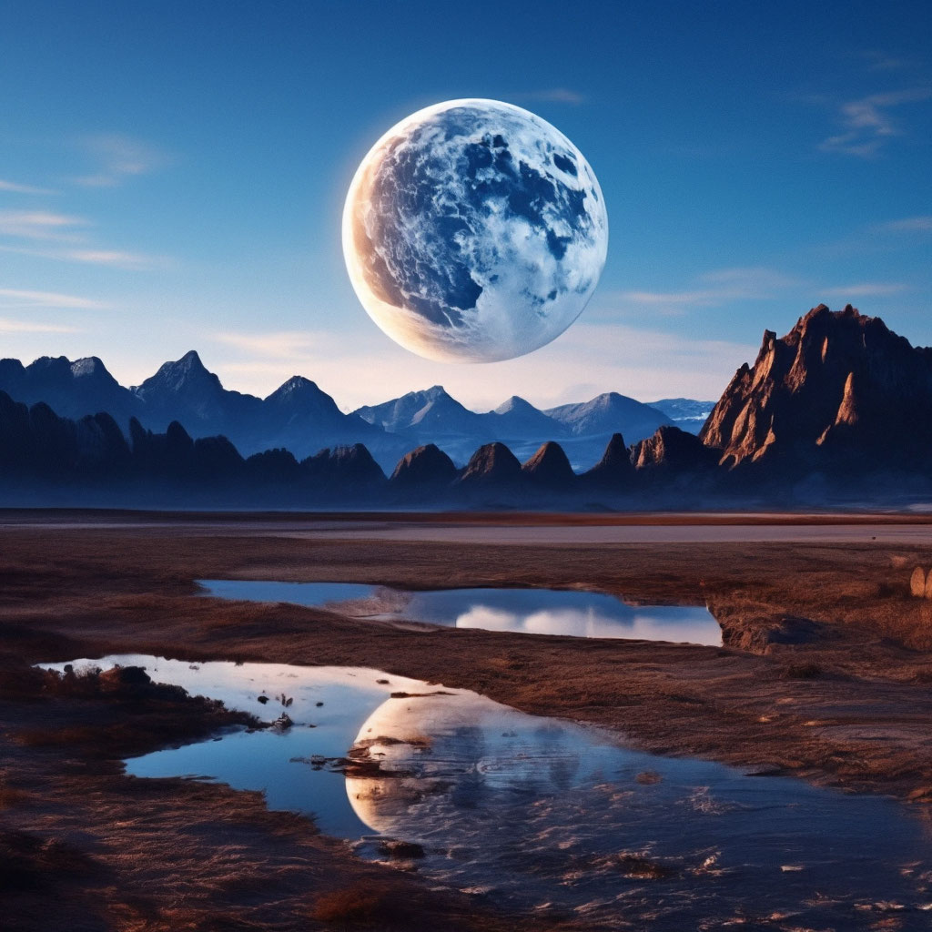 "Giant moon rises against the background of mountains, lunar dawn ...