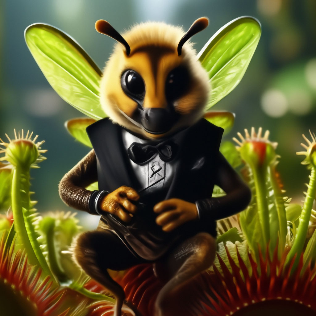 "Anthropomorphic cute bee in the image of Don Corleone is sitting on a ...