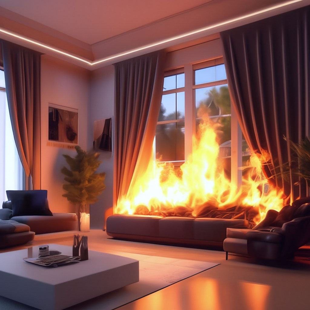 "Fire and burning curtains in the house in the fully furnished living ...
