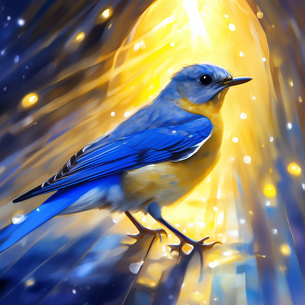 Myakush 🤍 Atmospheric. yellow bluebird, detailed drawing, beady eyes ...