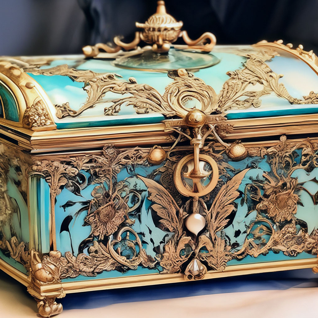 "Antique jewelry box, sun, filigree, illustration in light colors ...